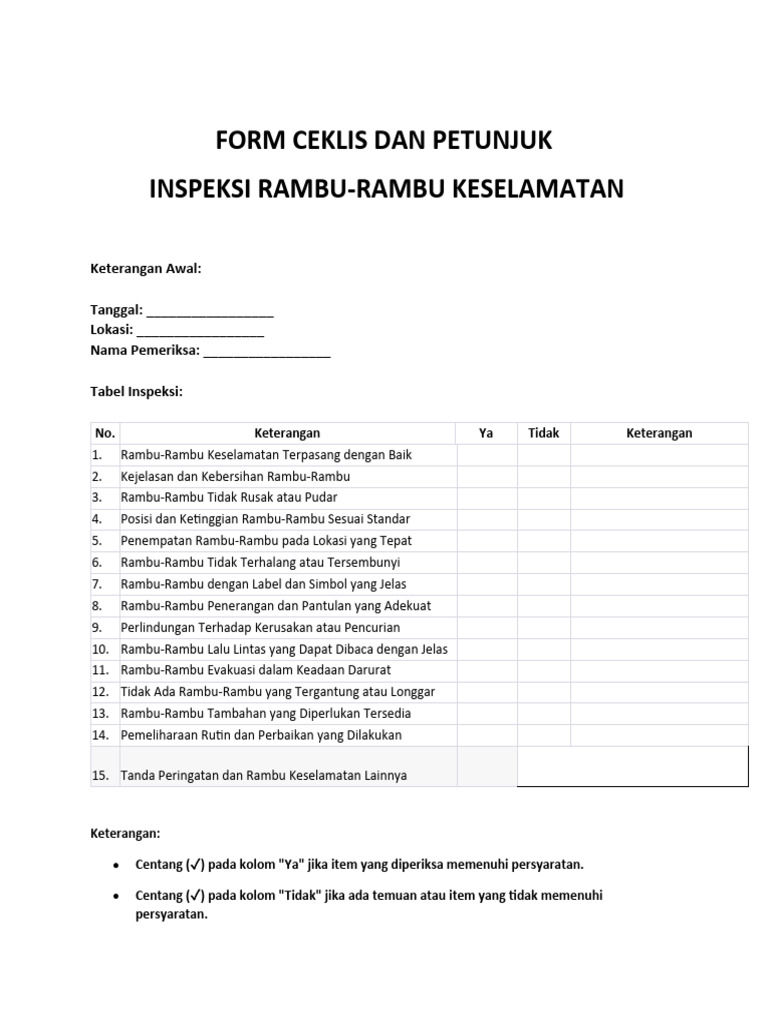 Form Ceklis Inspeksi Rambu-Rambu Keselamatan | PDF