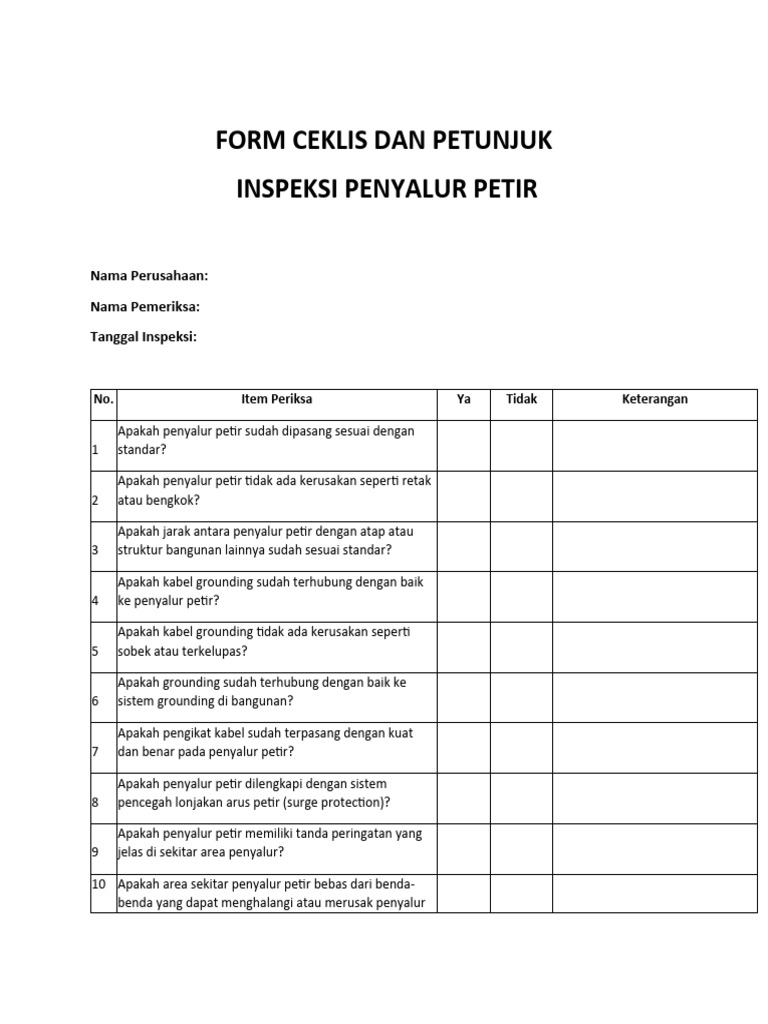 Form Ceklis Inspeksi Penyalur Petir | PDF