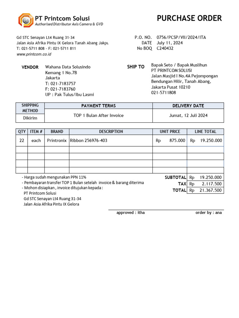Purchase Order for Printronix Ribbons | PDF