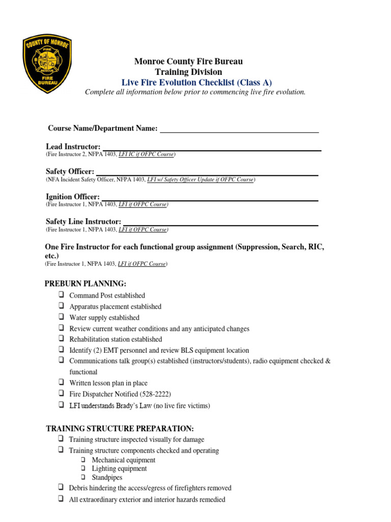 MCFB Live Fire Checklist 2024 | PDF | Firefighter | Safety