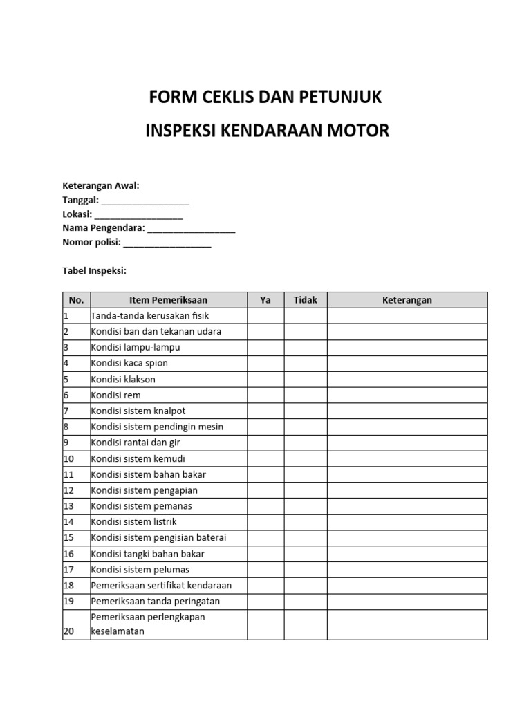 Ceklis Inspeksi Kendaraan Motor Lengkap | PDF | Komputer
