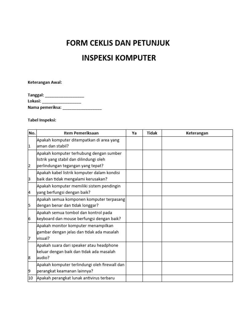 Form Ceklis Inspkesi Komputer | PDF | Komputer | Teknologi & Rekayasa