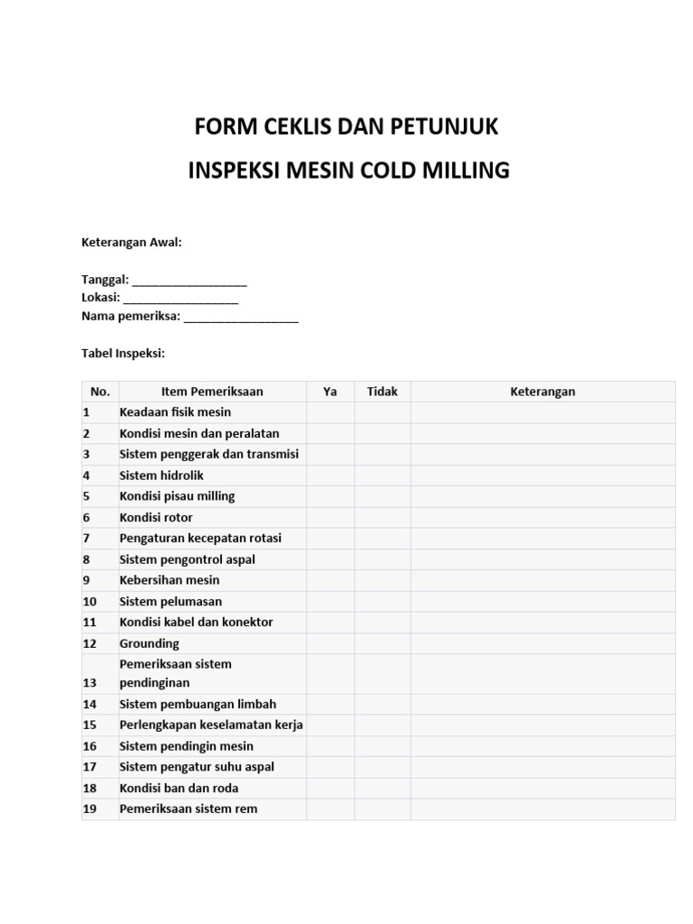 Form Ceklis Inspkesi Mesin Cold Milling | PDF