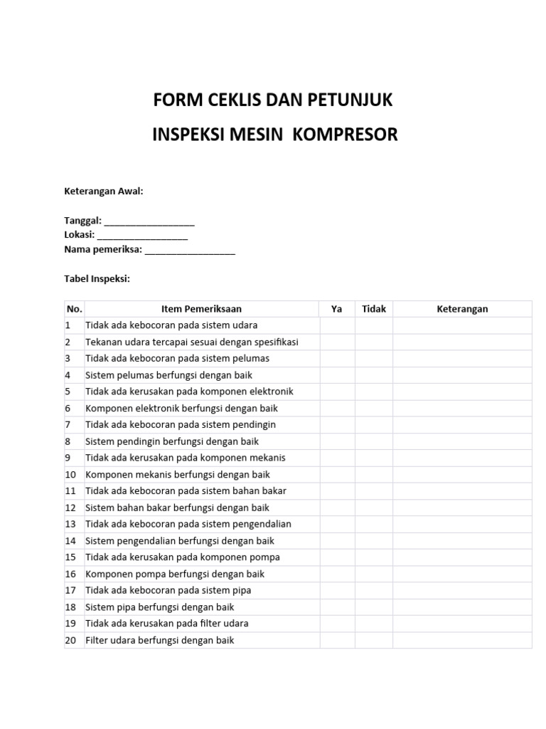 Form Ceklis Inspkesi Mesin Kompresor | PDF