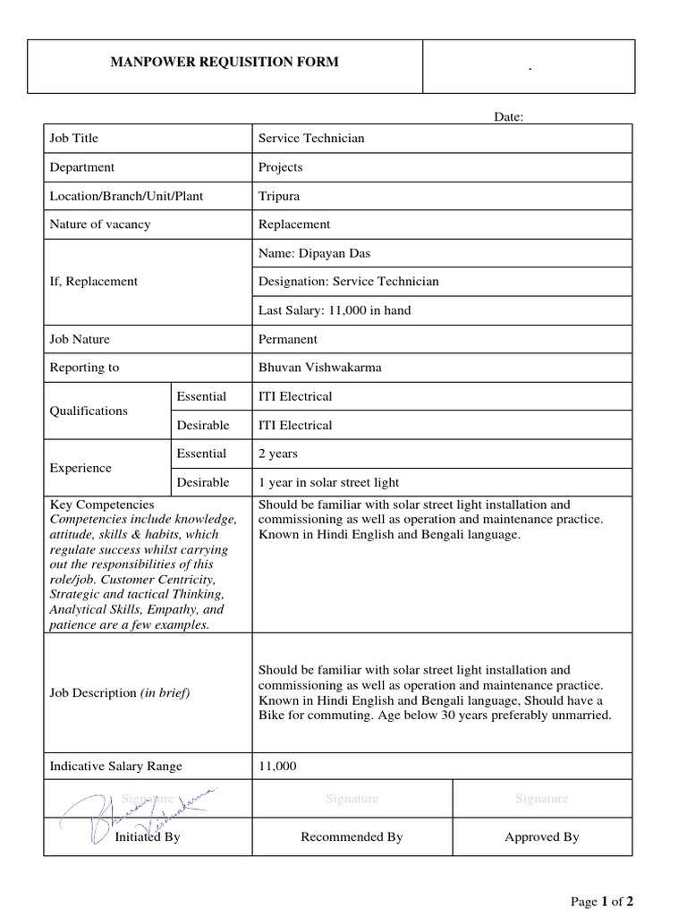 Service Technician Job Requisition Form | PDF