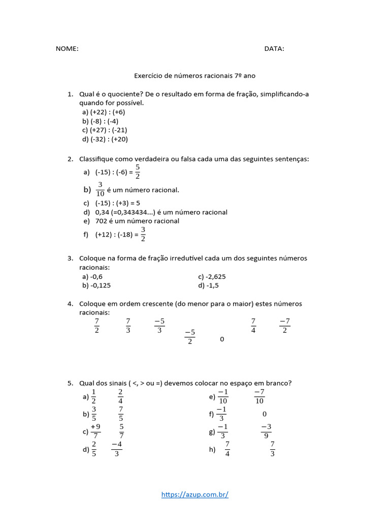 Exercício de Números Racionais 7º Ano | PDF | Número racional | Lógica matemática