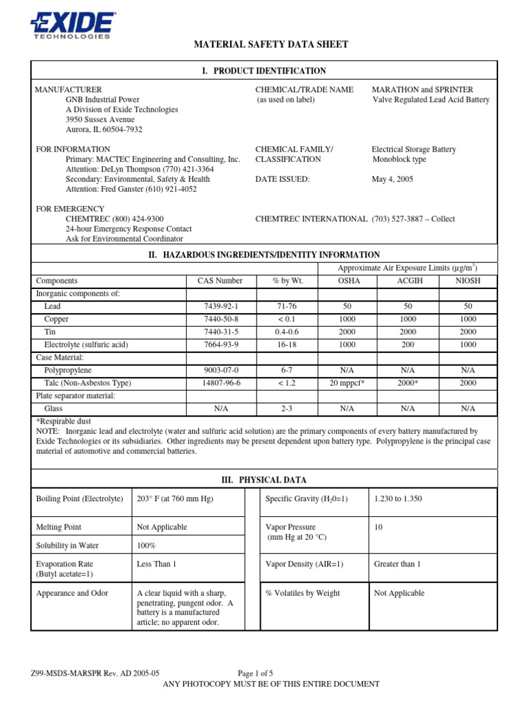 Exide Sprinter Marathon MSDS | PDF | Workplace | Working Conditions
