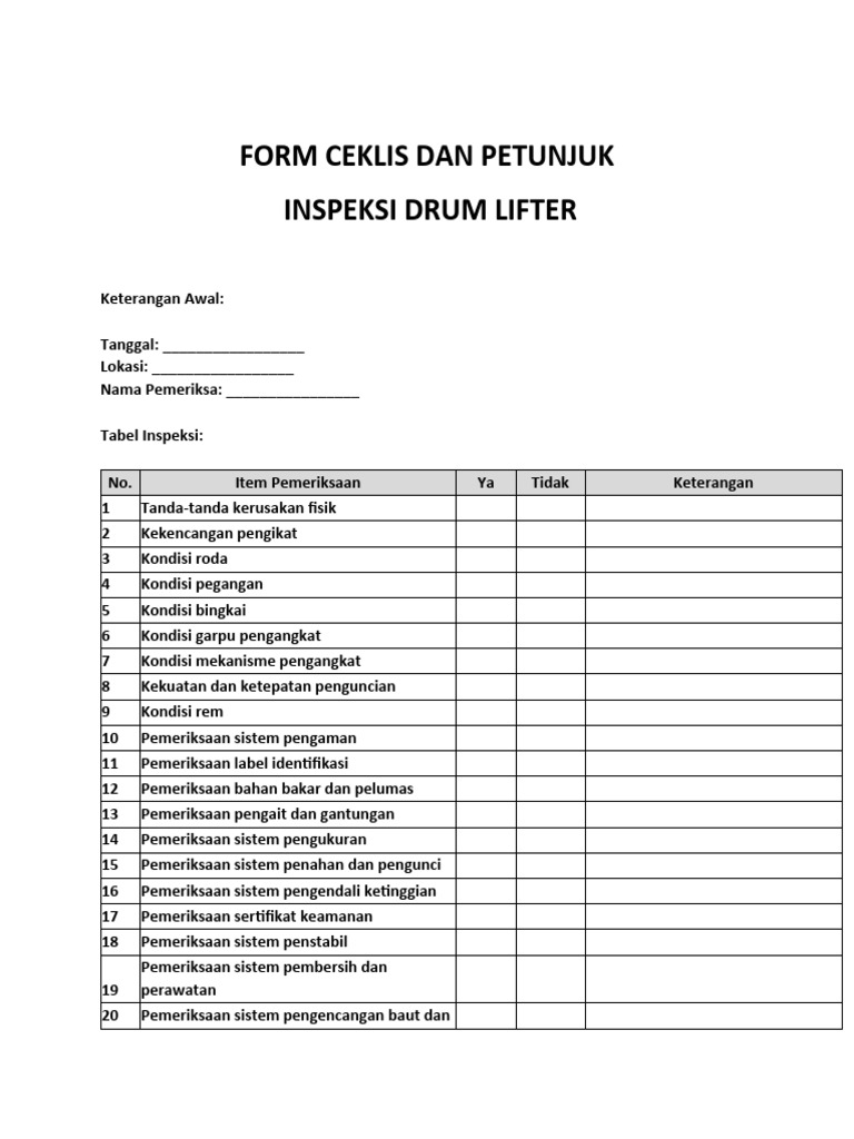 Form Ceklis Inspkesi Drum Lifter | PDF | Bisnis | Teknologi & Rekayasa