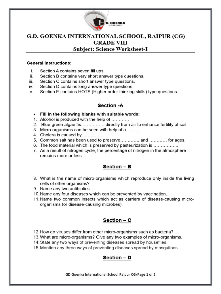 Grade VIII Science Worksheet-I | Download Free PDF | Microorganism | Health Sciences