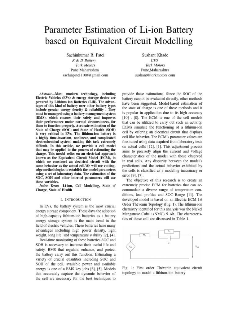 Parameter Estimation Of Li Ion Battery Based On Equivalent Circuit Modelling Six Page Pdf