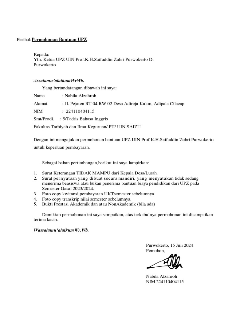 Permohonan Bantuan Biaya Pendidikan UPZ | PDF