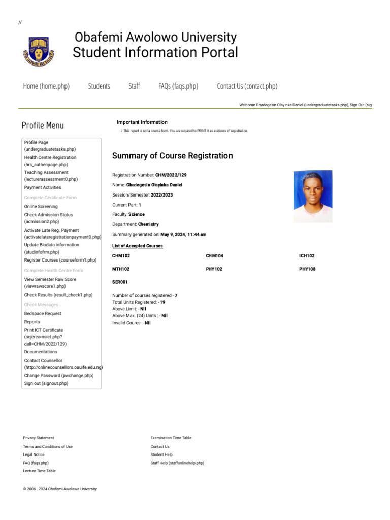 Obafemi Awolowo University - Course Registration | PDF