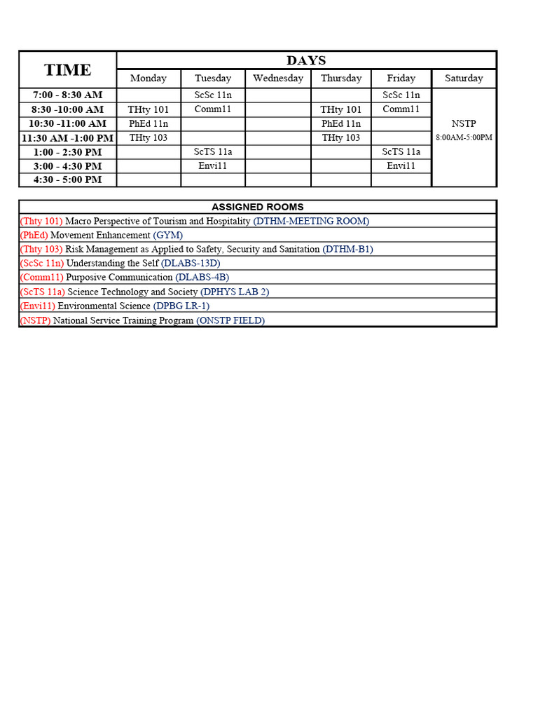 Weekly Class Schedule Overview | PDF