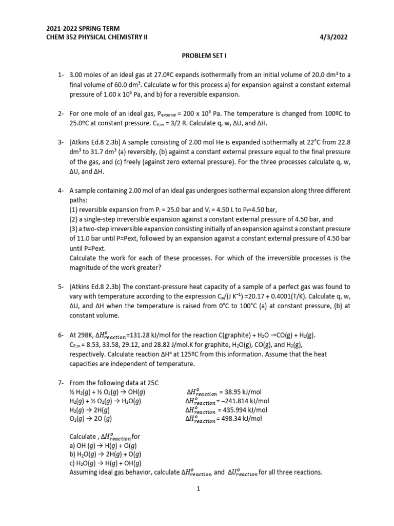 2021-2022 SPRING TERM Chem 352 Physical Chemistry Ii 4/3/2022 Problem Set I | PDF | Gases | Pressure