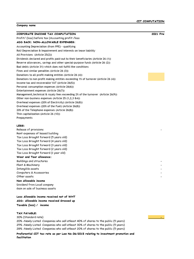 Cit & Pit Computation Template Updated | PDF | Taxes | Expense