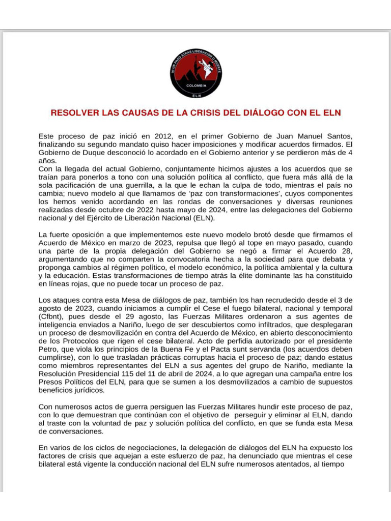 Comunicado Del ELN Sobre El Futuro de Los Diálogos de Paz | PDF