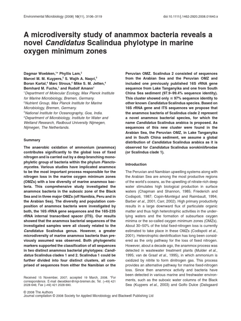 A Microdiversity Study of Anammox Bacteria Reveals A Novel Candidatus Scalindua Phylotype | PDF ...