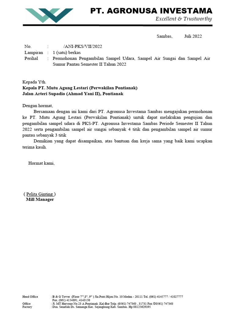 Format Surat Pengajuan Sampling Semester II Tahun 2022 | PDF