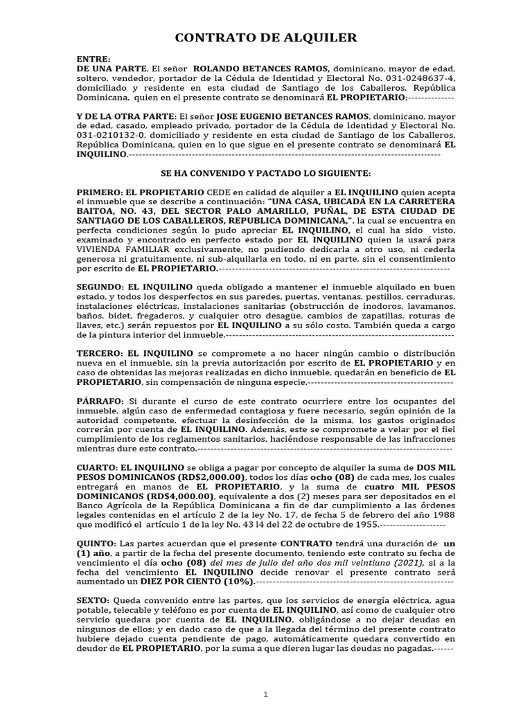 Contrato de Alquiler (Casa) - Rolando Betances Ramos y Jose Eugenio ...