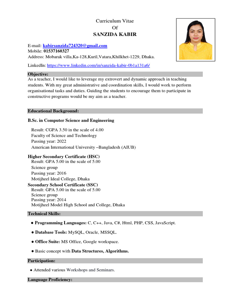 Sanzida Kabir Resume | PDF | Career & Growth