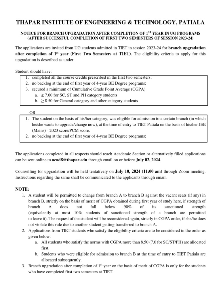 Notice Regarding Branch Upgradation After First Year | PDF