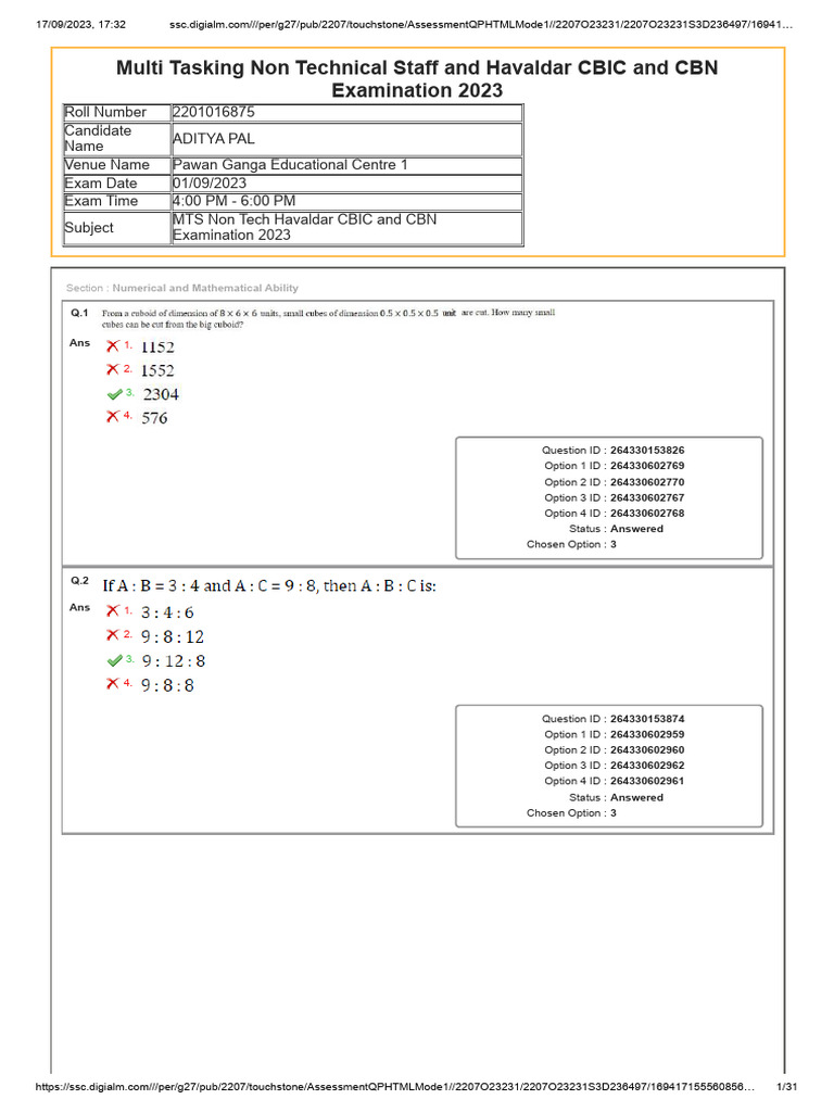 MTS - 2023 Tier-I Answer Key | PDF