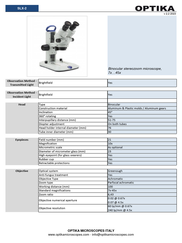 OPTIKA SLX-2 Technical Datasheet EN | PDF | Optics | Electromagnetic Radiation