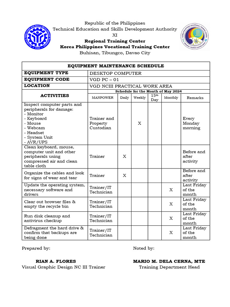 Equipment Maintainance Schedule VGD | PDF | System Software | Computer Engineering