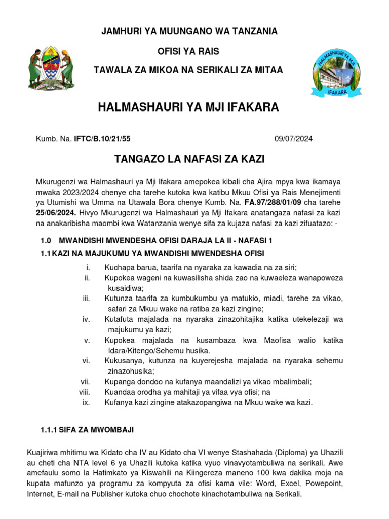 20240907551053tangazo Halmashauri Ya Mji Ifakara TC | PDF
