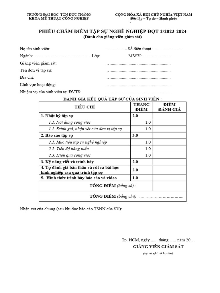 Phieu Cham TSNN - GVGS - TDTU | PDF