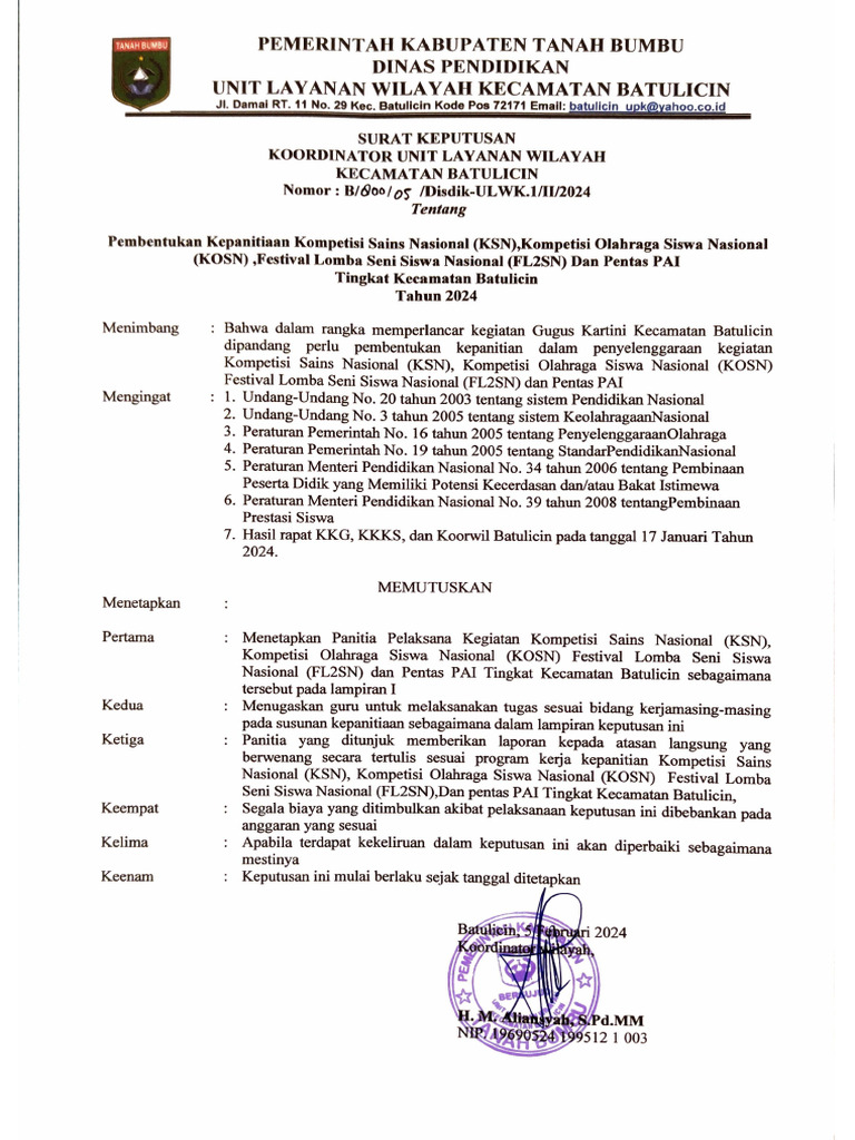 SK Panitia Lomba Osn, FLS2N, O2sn& Pai | PDF