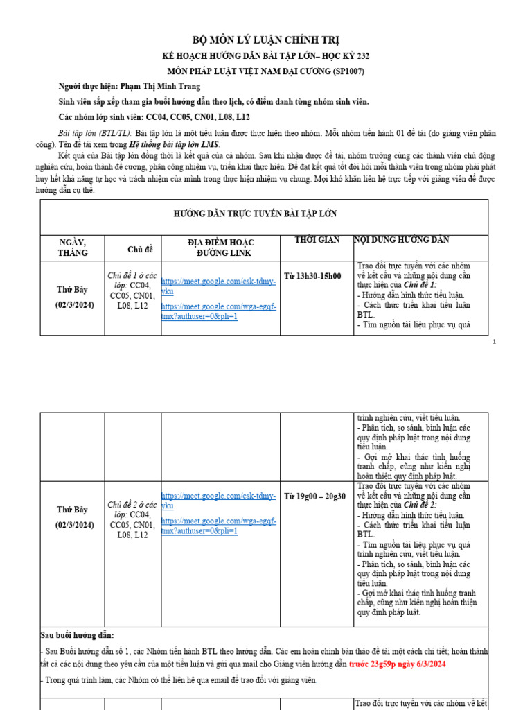 232 - Kế Hoạch Hướng Dẫn BTL - TRANG | PDF
