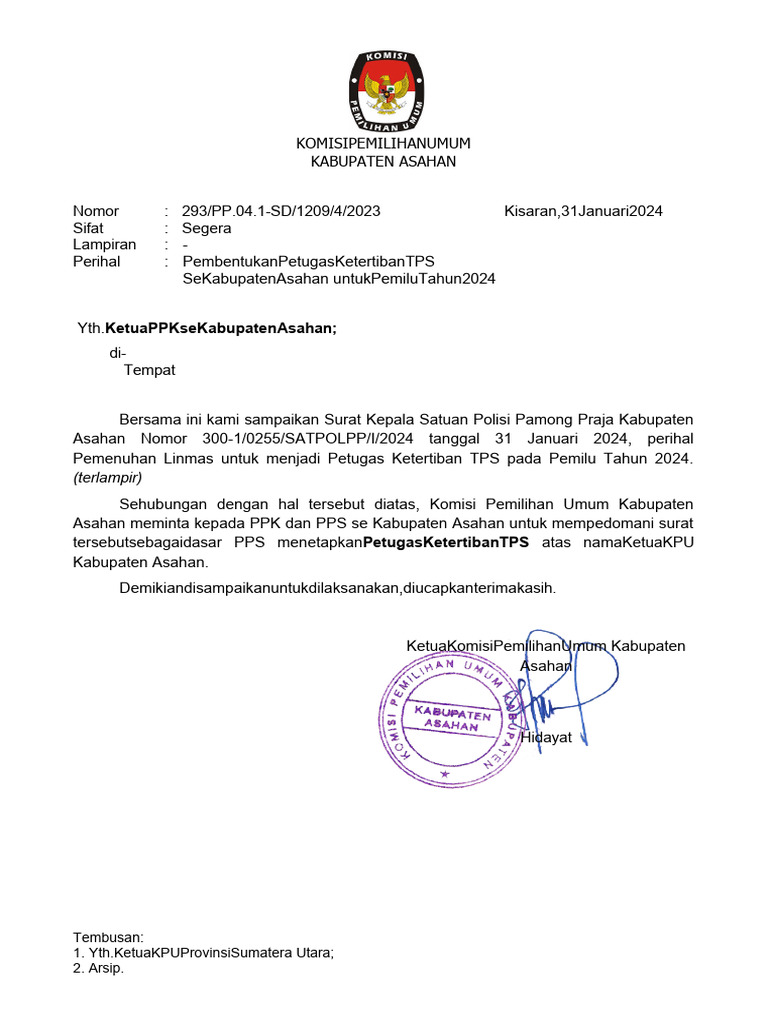 Surat KPU Pengantar - Ketertiban TPS - TT | PDF