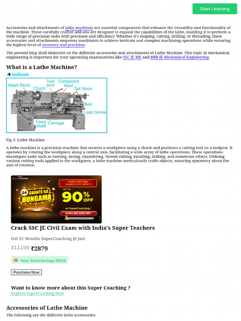 Accessories and Attachments of Lathe Machine and Their Functions | PDF