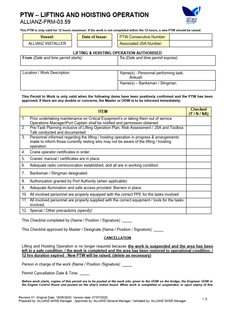 ALLIANZ-FRM-03.59 PTW - Lifting - Hoisting Operation | PDF