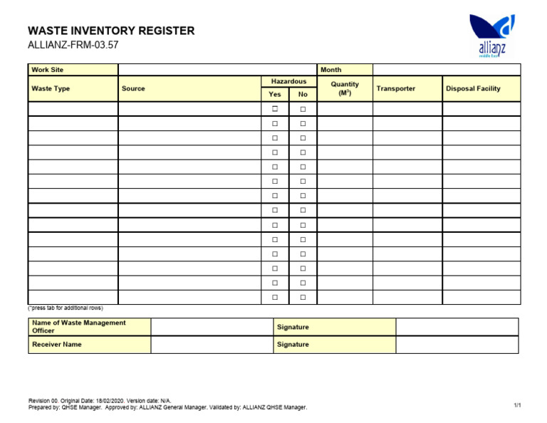 ALLIANZ-FRM-03.57 Waste Inventory Register | PDF