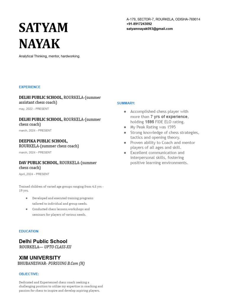 Chess RESUME - Satyam Nayak | PDF | Chess | Cognitive Science