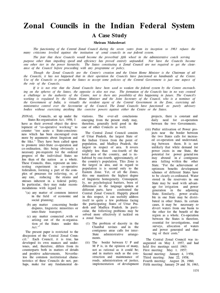 Zonal Councils: A Federal Study | PDF