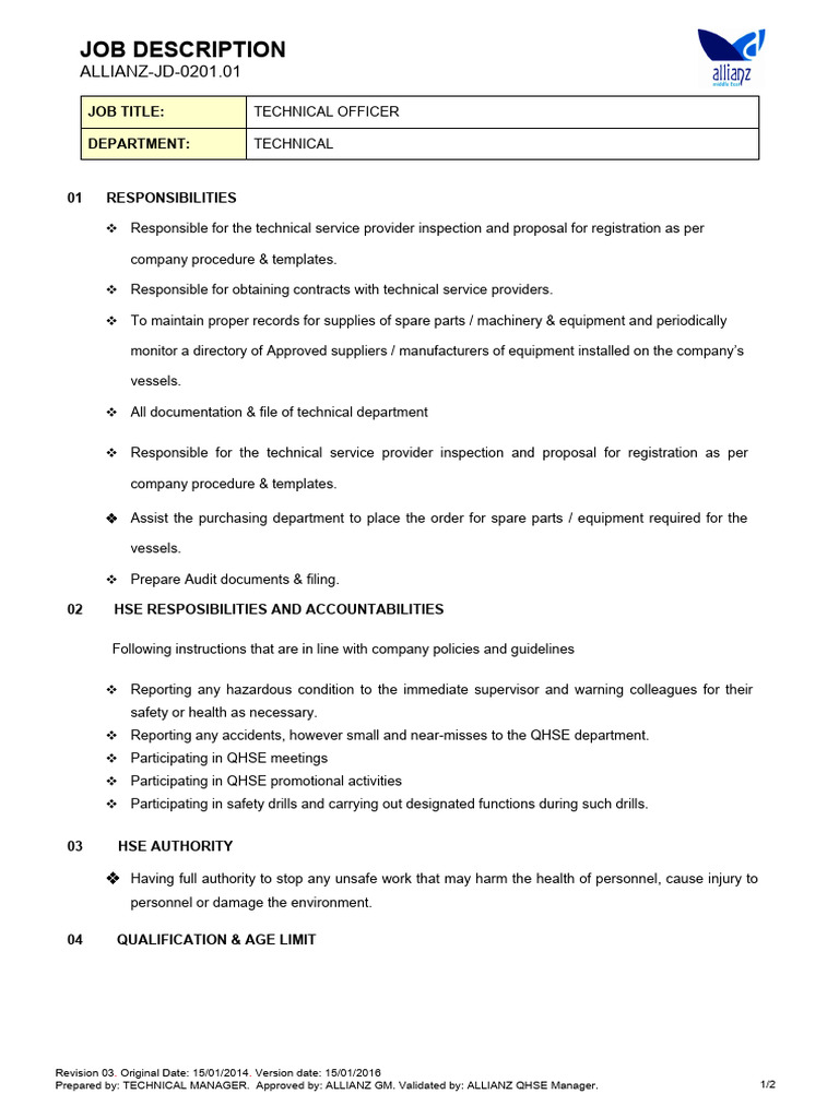 ALLIANZ-JD-0201.01 Job Description - Technical Officer | PDF