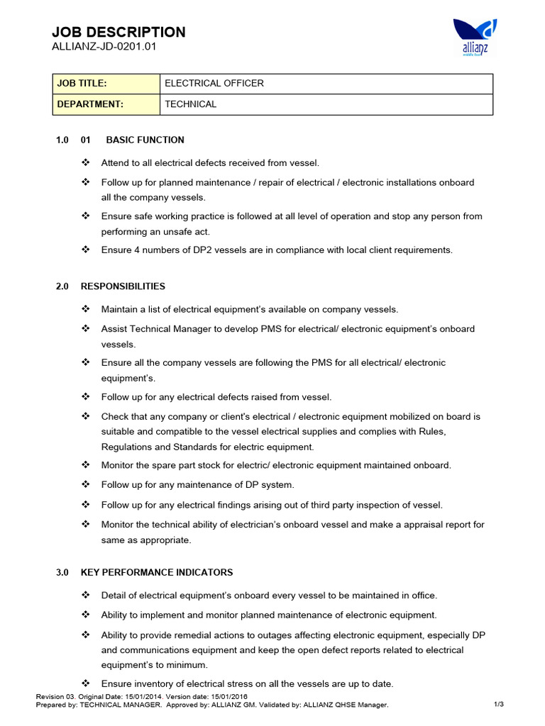 Electrical Officer Job Description | PDF | Safety | Occupational Safety ...