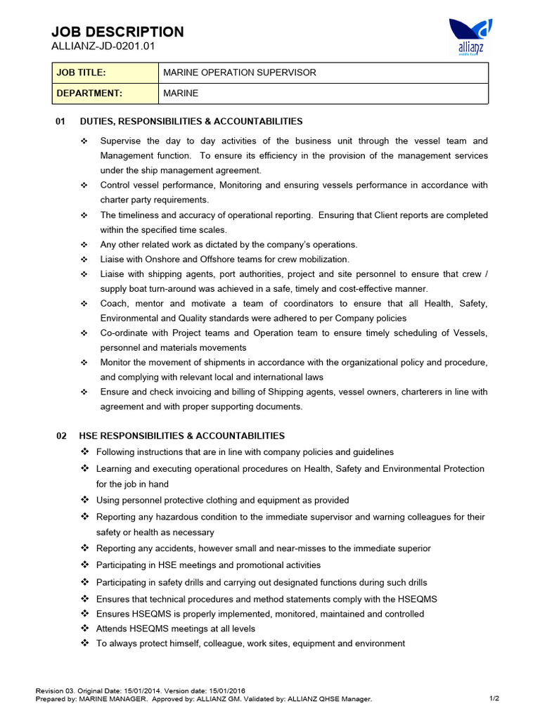 ALLIANZ-JD-0201.01 Job Description - Marine Operation Supervisor | PDF ...