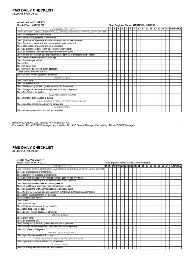 ALLIANZ-FRM-09.12 PMS Daily Checklist | PDF | Leak | Marine Propulsion