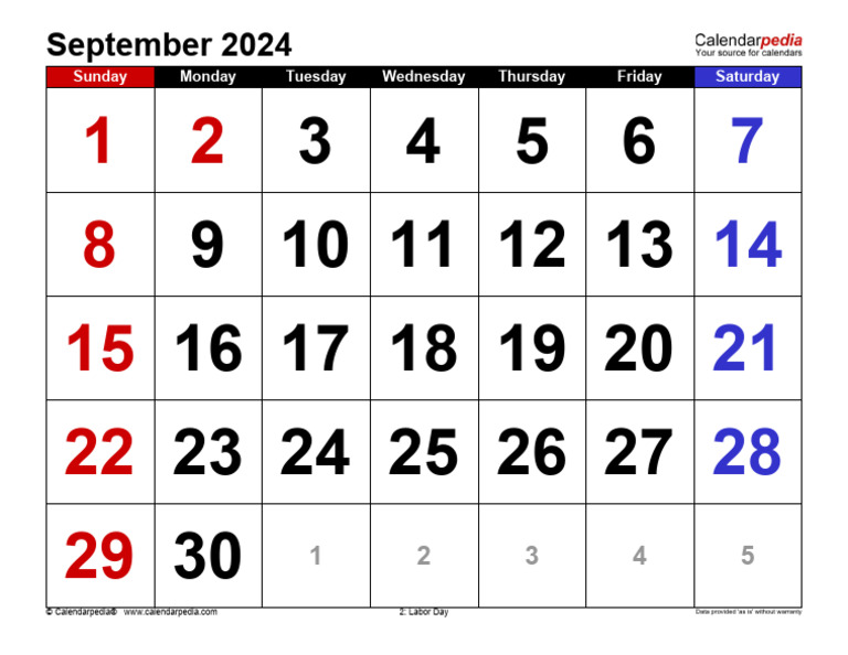 September 2024 Calendar Landscape Large Numerals | PDF