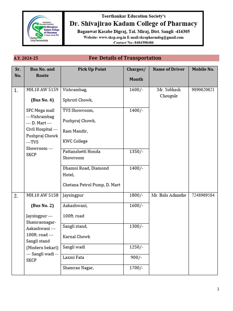 Transportation Fee Structure | PDF