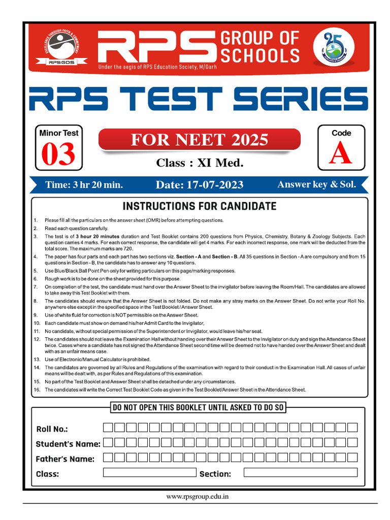 XI Med Minor Test - 3 Ans & Sol Code - A (17!07!240718 - 151352 | PDF ...