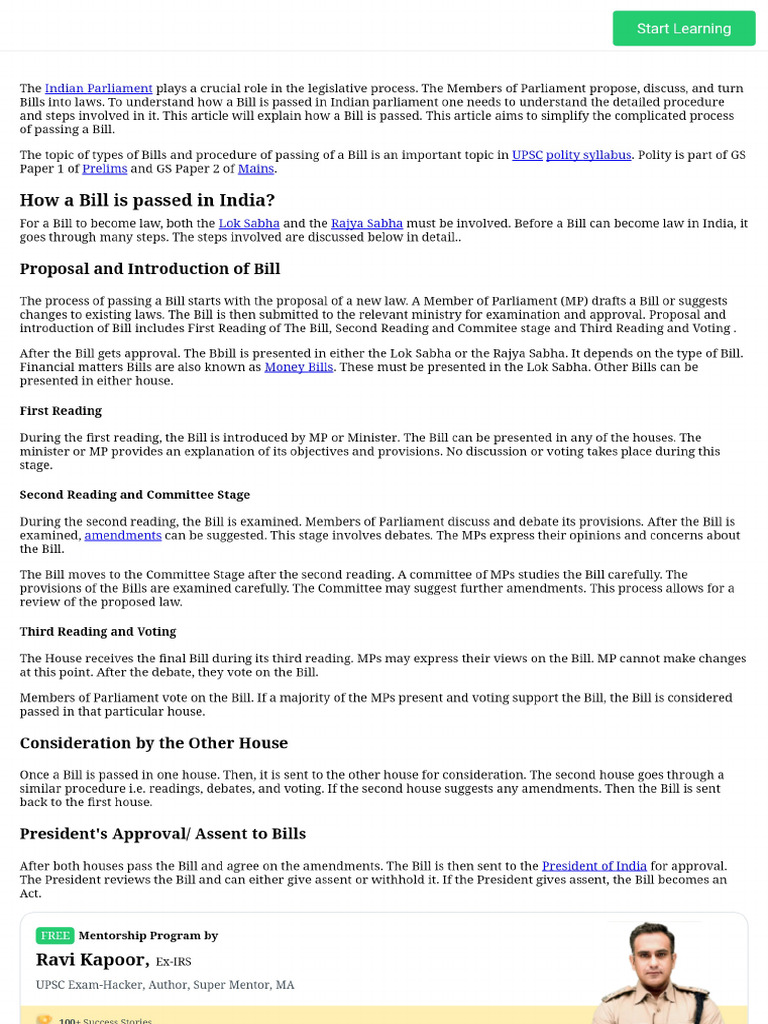 How A Bill Is Passed in Indian Parliament - , Types of Bills Passed | PDF