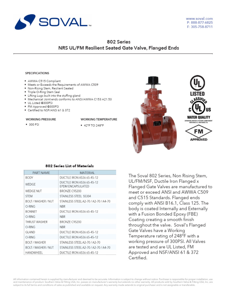 SOVAL NRS UL-FM Resilient Seated Gate Valve, Flanged Ends | PDF | Valve ...