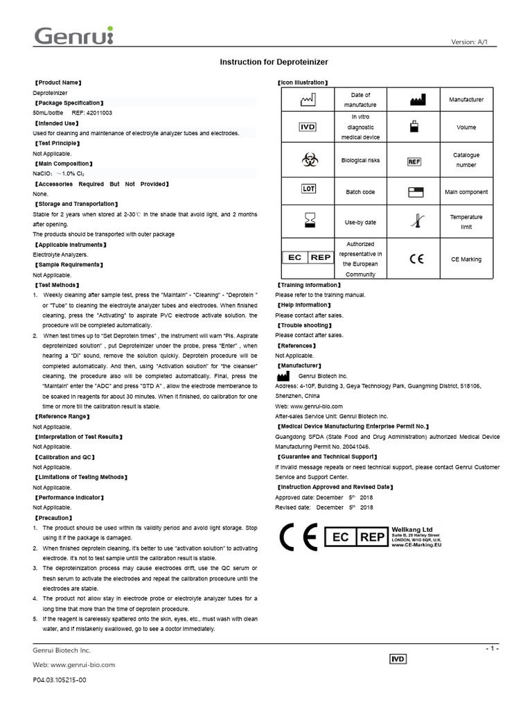 Instruction For Deproteinizer: Version: A/1 | PDF | Medical Device ...