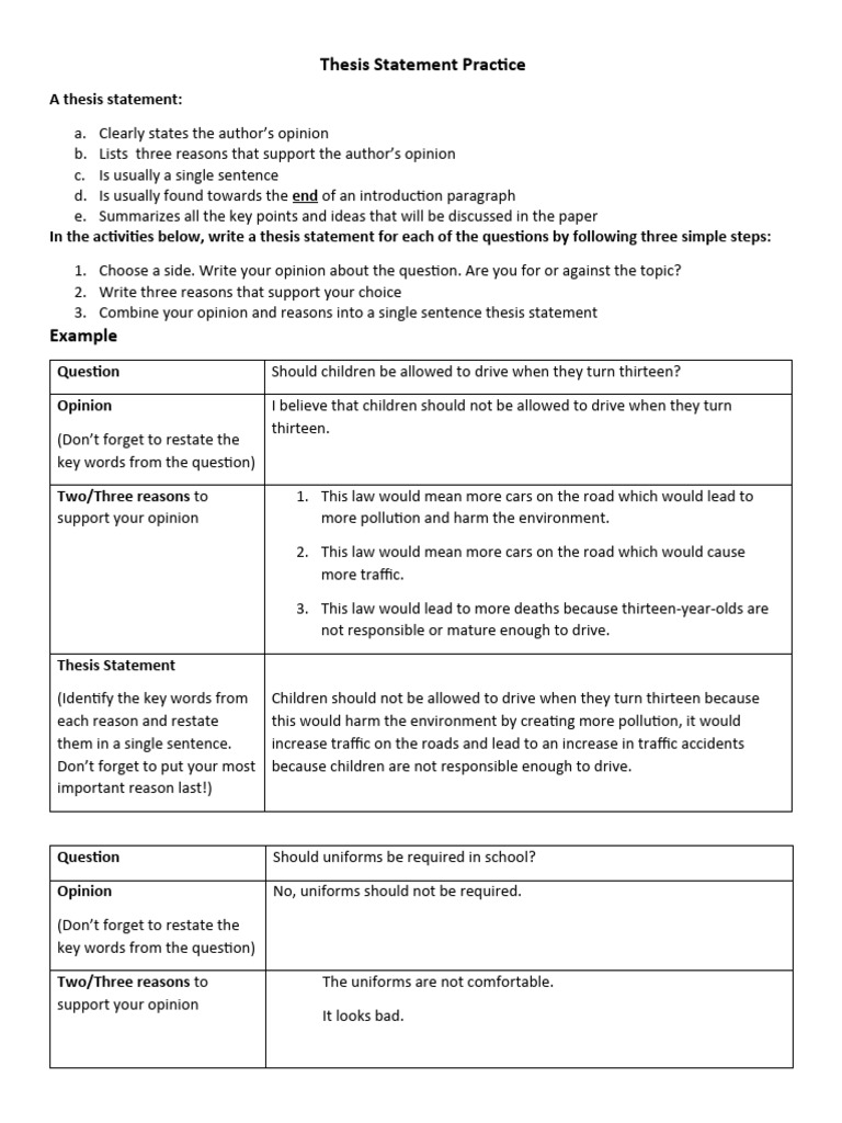 Thesis Statement Practice | PDF