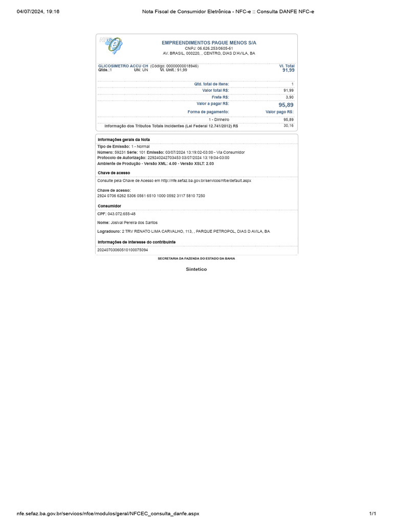 Nota Fiscal de Consumidor Eletrônica - NFC-e - Consulta DANFE NFC-e | PDF